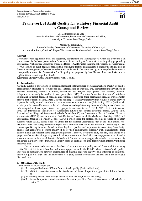 (PDF) Framework of Audit Quality for Statutory Financial Audit: A ...