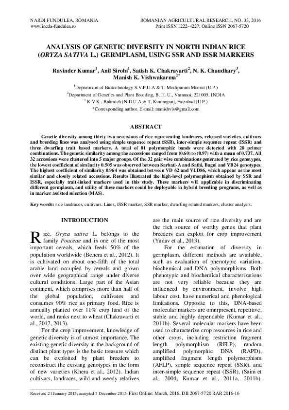 (PDF) ANALYSIS OF GENETIC DIVERSITY IN NORTH INDIAN RICE (Oryza Sativa L.) GERMPLASM, USING SSR ...