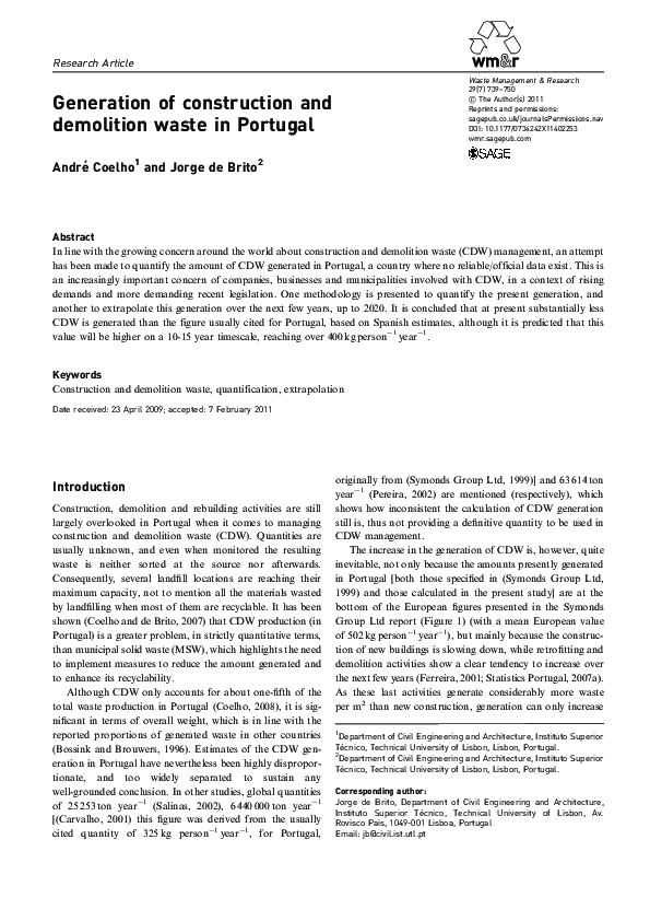 (PDF) Generation of construction and demolition waste in Portugal