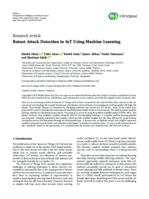 (PDF) Botnet Attack Detection in IoT Using Machine Learning