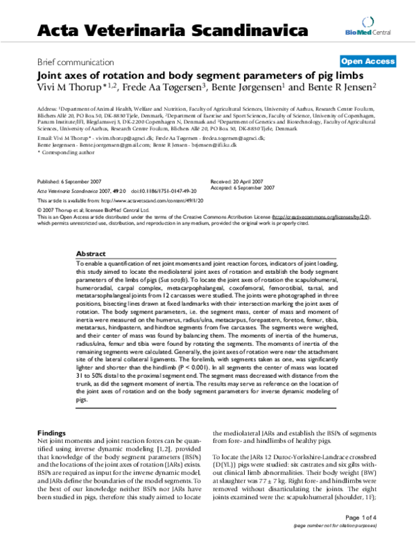 (PDF) Joint axes of rotation and body segment parameters of pig limbs