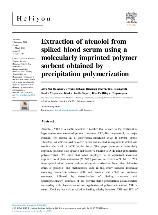 (PDF) Extraction of atenolol from spiked blood serum using a molecularly imprinted polymer ...
