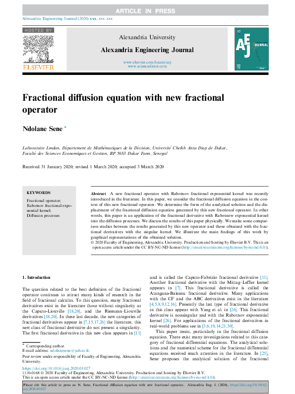 Pdf Fractional Diffusion Equation With New Fractional Operator