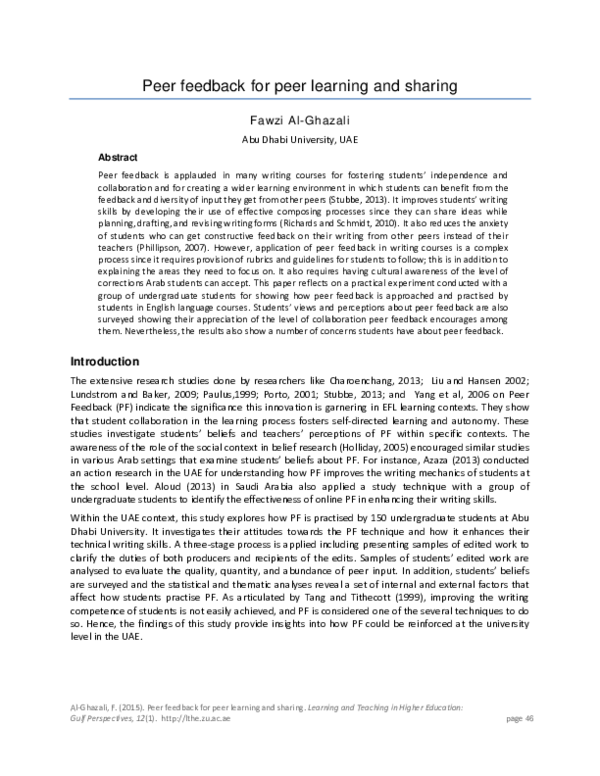(PDF) Peer feedback for peer learning and sharing