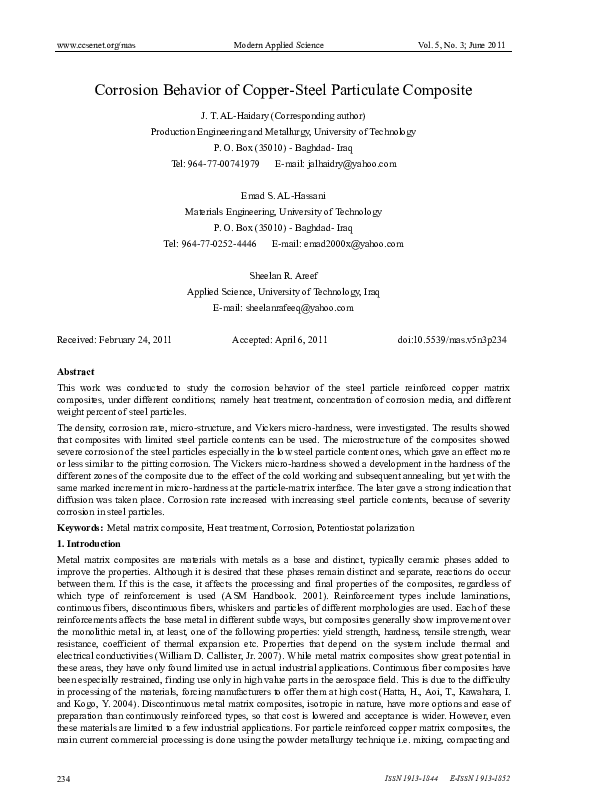 (PDF) Corrosion Behavior of Copper-Steel Particulate Composite