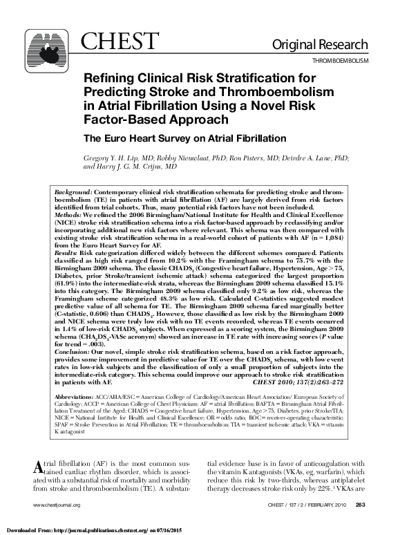 (PDF) Refining Clinical Risk Stratification for Predicting Stroke and Thromboembolism in Atrial ...
