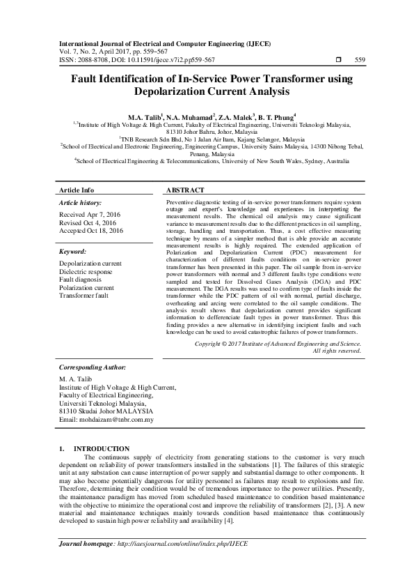 Pdf Fault Identification Of In Service Power Transformer Using Depolarization Current Analysis