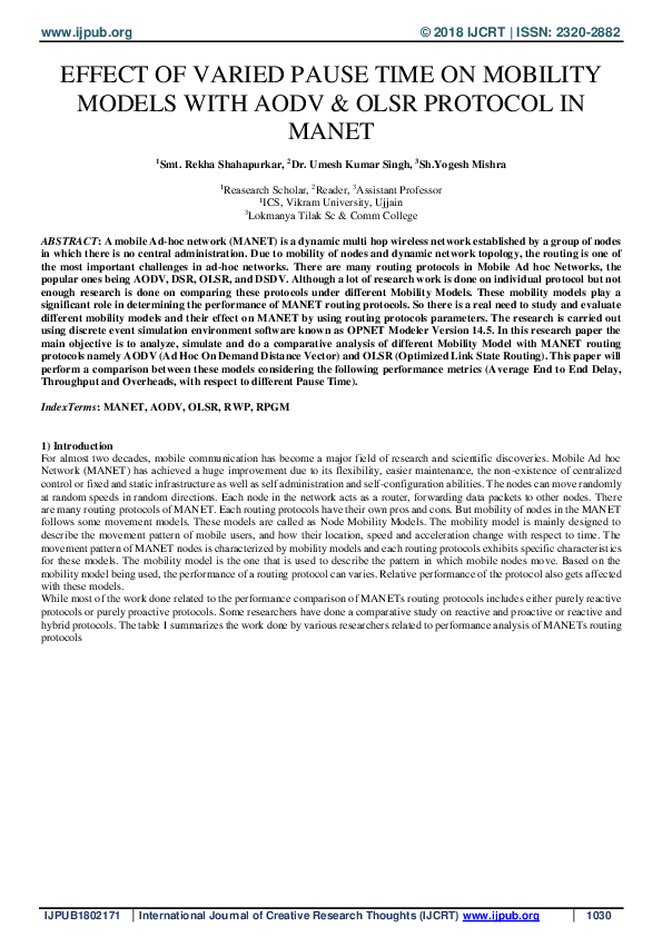 Pdf Effect Of Varied Pause Time On Mobility Models With Aodv And Olsr