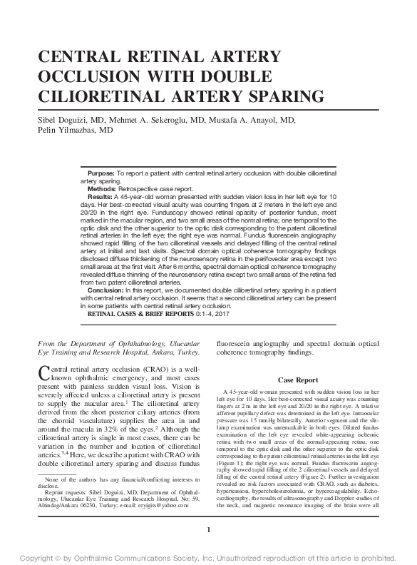 (PDF) Central Retinal Artery Occlusion with Double Cilioretinal Artery ...