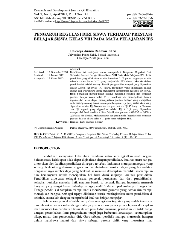 (PDF) Pengaruh Regulasi Diri Siswa Terhadap Prestasi Belajar Siswa Kelas VIII Pada Mata ...