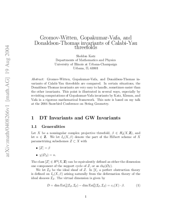 (PDF) Gromov-Witten, Gopakumar-Vafa, and Donaldson-Thomas invariants of ...