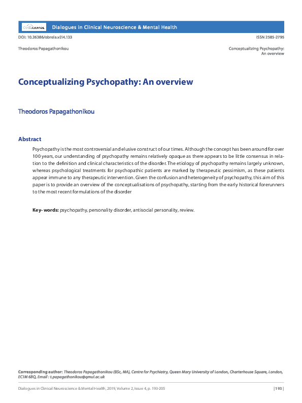 (PDF) Conceptualizing Psychopathy: An overview