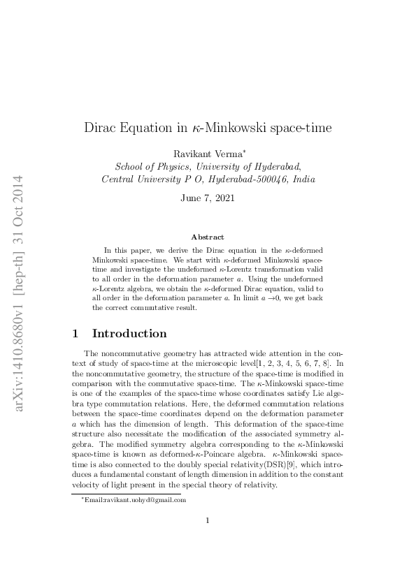 Pdf Dirac Equation In Kappa Minkowski Space Time