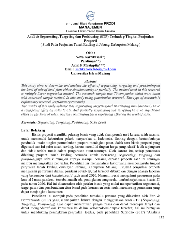 (PDF) Analisis Segmenting, Targeting dan Positioning (STP) Terhadap Tingkat Penjualan Properti ...