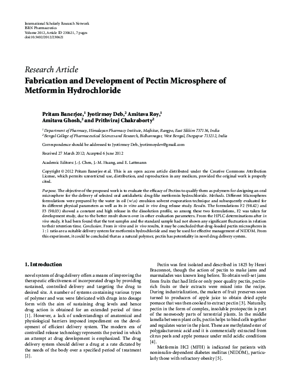 Pdf Fabrication And Development Of Pectin Microsphere Of Metformin Hydrochloride