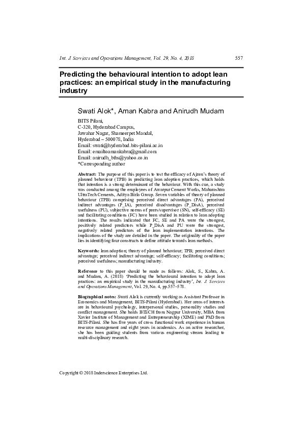 (PDF) Predicting the behavioural intention to adopt lean practices: an empirical study in the ...