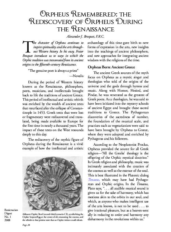 (PDF) Orpheus Remembered: The Rediscovery of Orpheus During the Renaissance