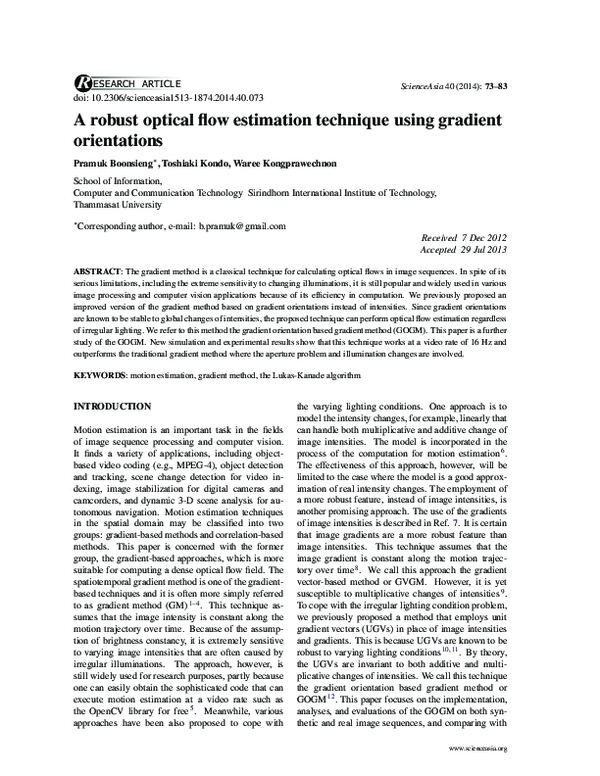 Pdf A Robust Optical Flow Estimation Technique Using Gradient Orientations
