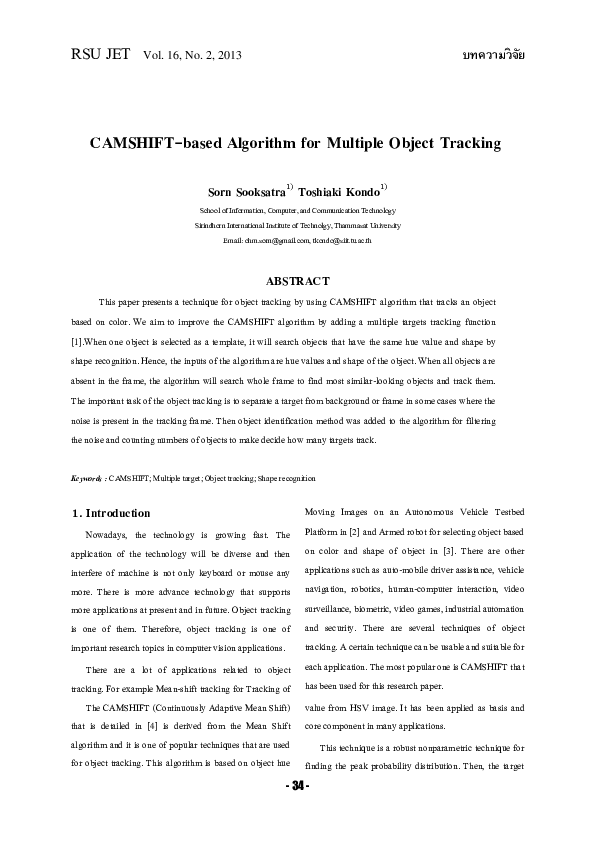 Pdf Camshift Based Algorithm For Multiple Object Tracking