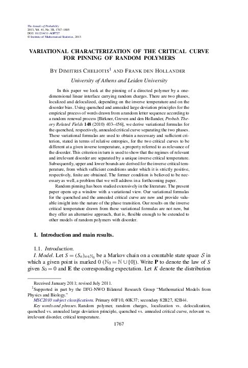 (PDF) Variational characterization of the critical curve for pinning of random polymers