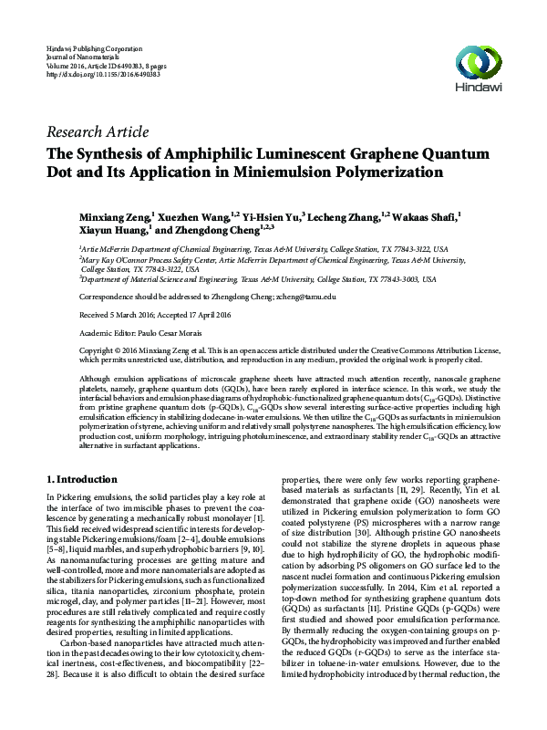 (PDF) The Synthesis of Amphiphilic Luminescent Graphene Quantum Dot and Its Application in ...