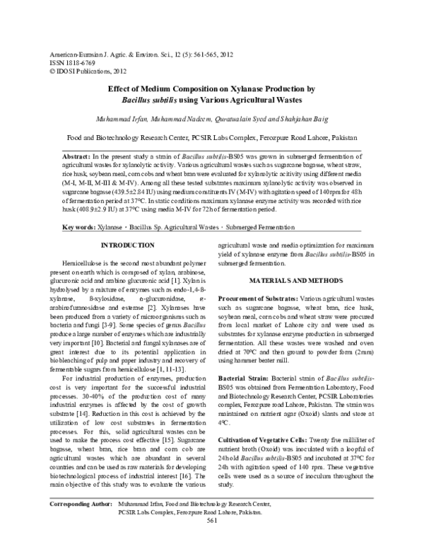 Pdf Effect Of Medium Composition On Xylanase Production By Bacillus