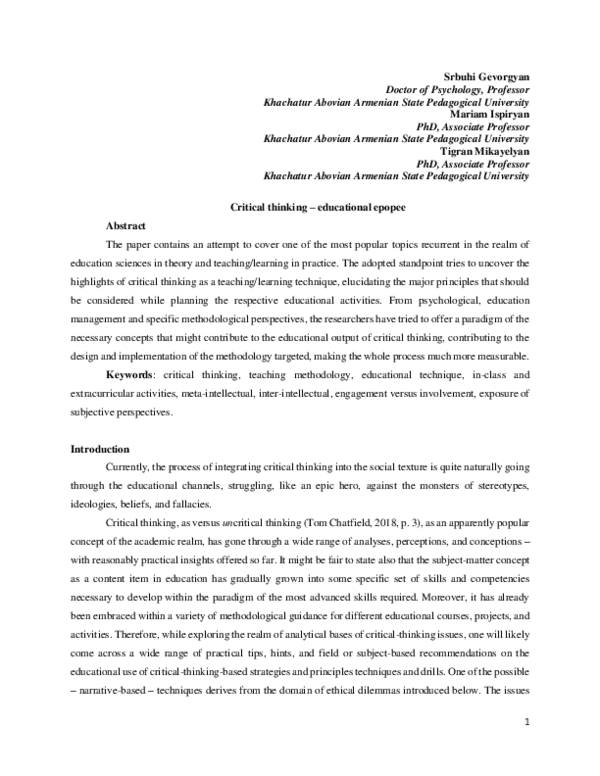 (PDF) Critical thinking – educational epopee