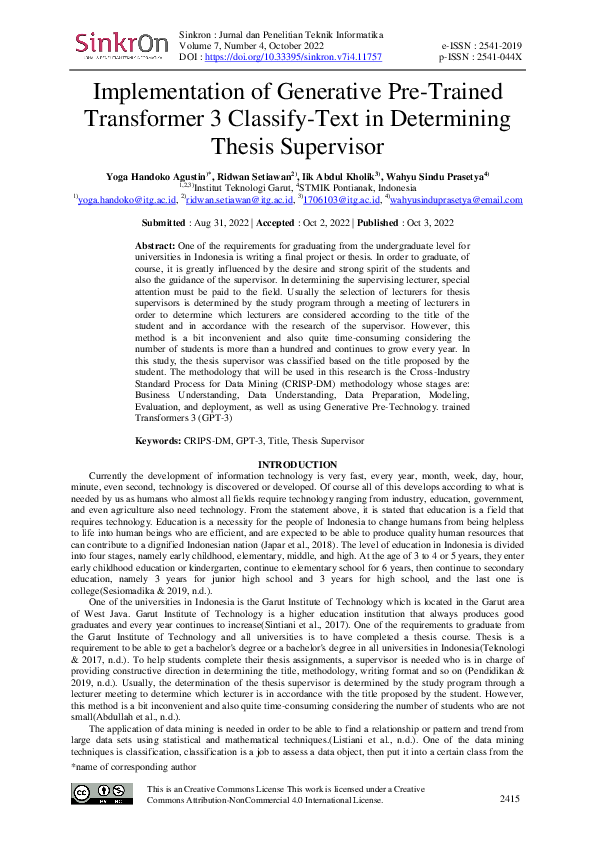 Pdf Implementation Of Generative Pre Trained Transformer 3 Classify Text In Determining Thesis