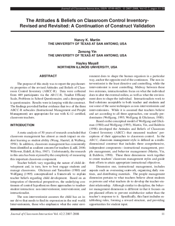 (PDF) The Attitudes & Beliefs on Classroom Control Inventory-Revised and Revisited: A ...