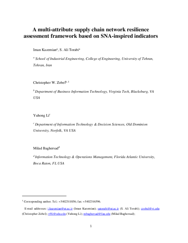 (PDF) A multi-attribute supply chain network resilience assessment framework based on SNA ...