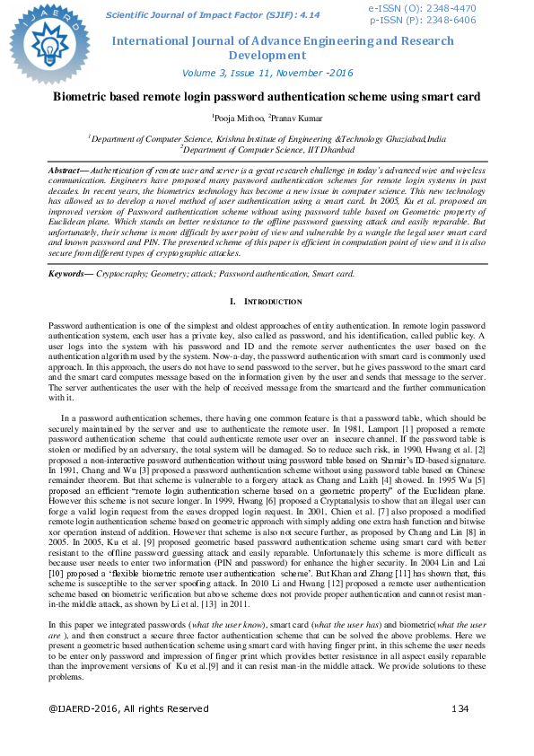 (PDF) Biometric Based Remote Login Password Authentication Scheme Using Smart Card
