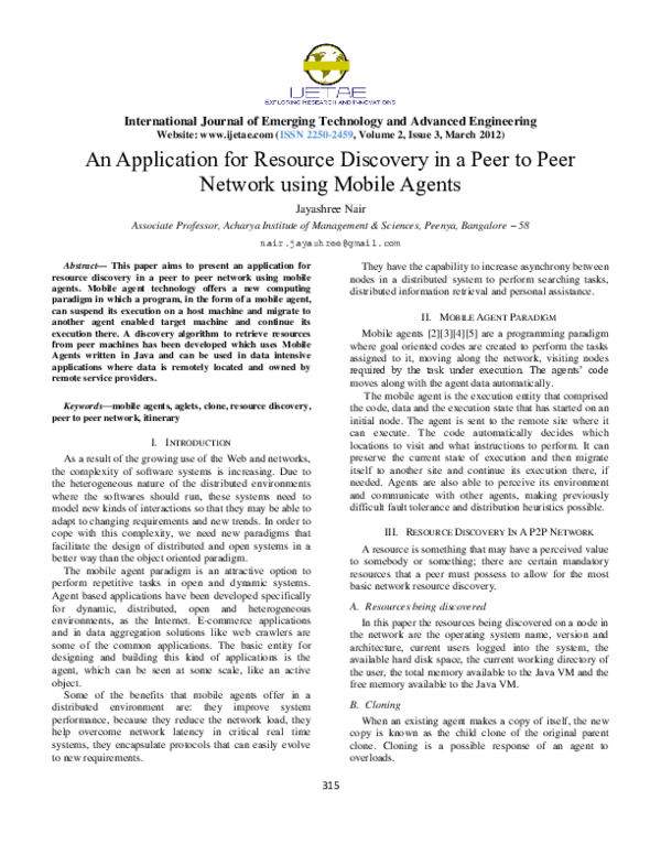 (PDF) An Application for Resource Discovery in a Peer to Peer Network using Mobile Agents