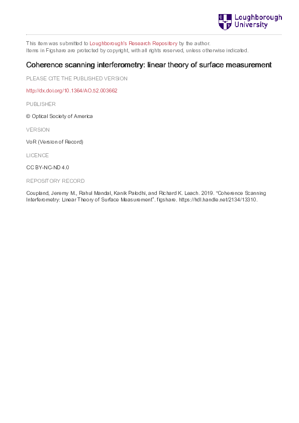 (PDF) Coherence scanning interferometry: linear theory of surface measurement