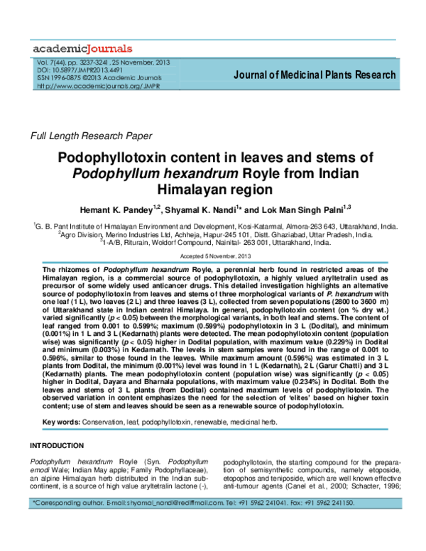 (PDF) Podophyllotoxin content in leaves and stems of Podophyllum ...