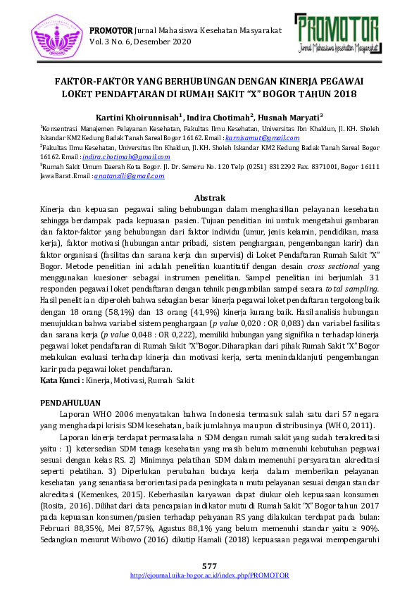 (PDF) Faktor-Faktor Yang Berhubungan Dengan Kinerja Pegawai Loket Pendaftaran DI Rumah Sakit “X ...