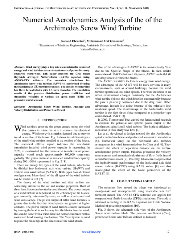 (PDF) Numerical Aerodynamics Analysis of the of the Archimedes Screw Wind Turbine