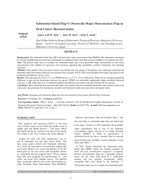 (PDF) Submental Island Flap Vs Pectoralis Major Myocutaneus Flap in ...