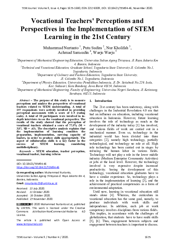 (PDF) Vocational Teachers' Perceptions and Perspectives in the Implementation of STEM Learning ...