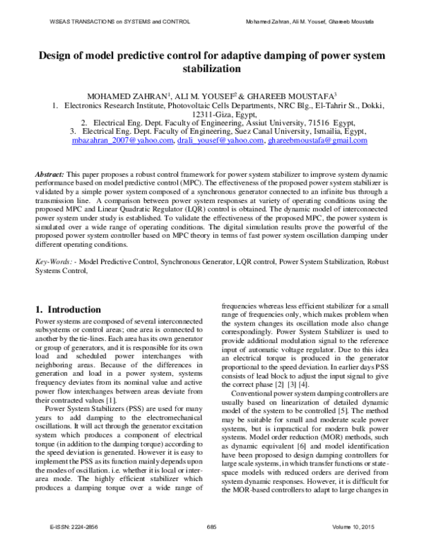 (PDF) Design of model predictive control for adaptive damping of power system stabilization