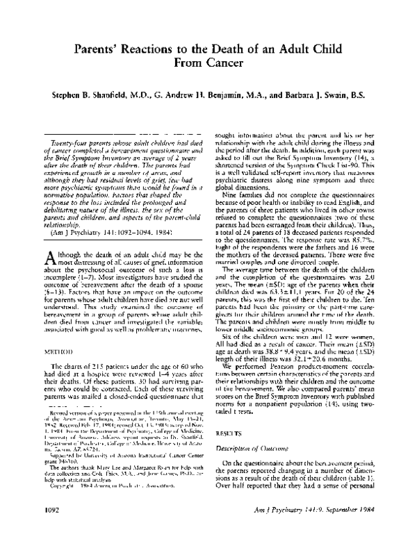 (PDF) Parents' reactions to the death of an adult child from cancer