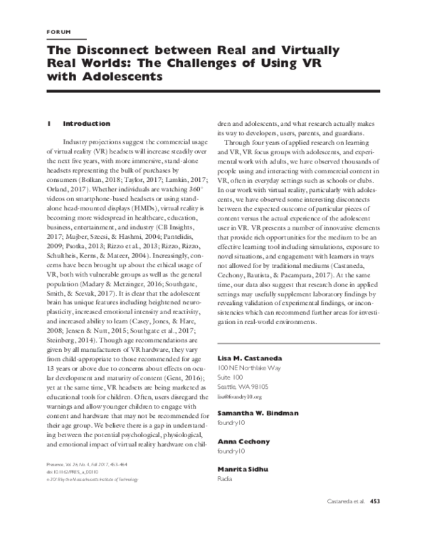 (PDF) The Disconnect between Real and Virtually Real Worlds: The Challenges of Using VR with ...