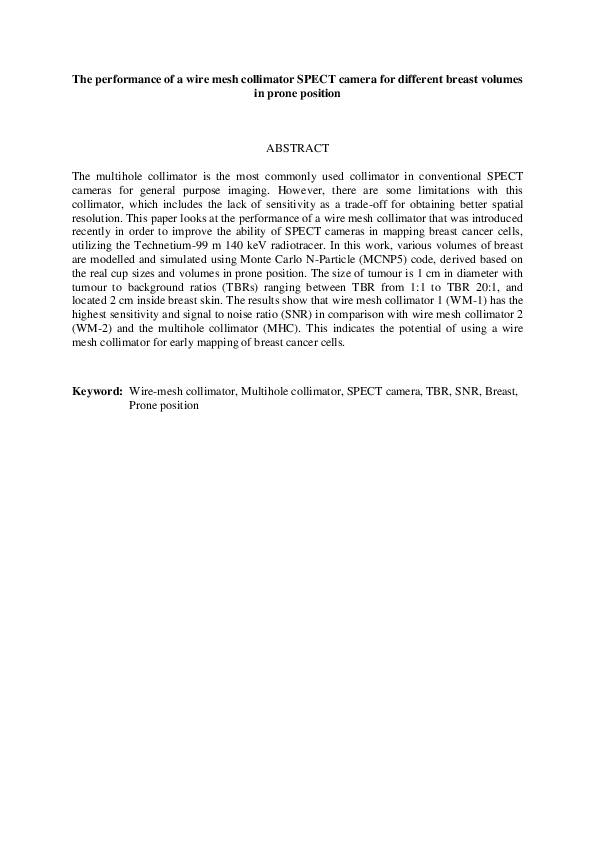 Pdf The Performance Of A Wire Mesh Collimator Spect Camera For Different Breast Volumes In