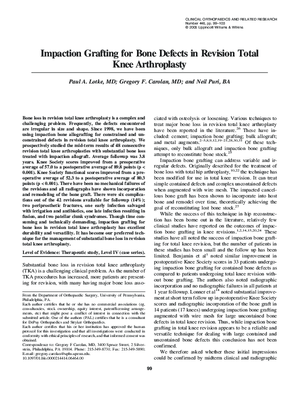 (PDF) Impaction Grafting for Bone Defects in Revision Total Knee Arthroplasty