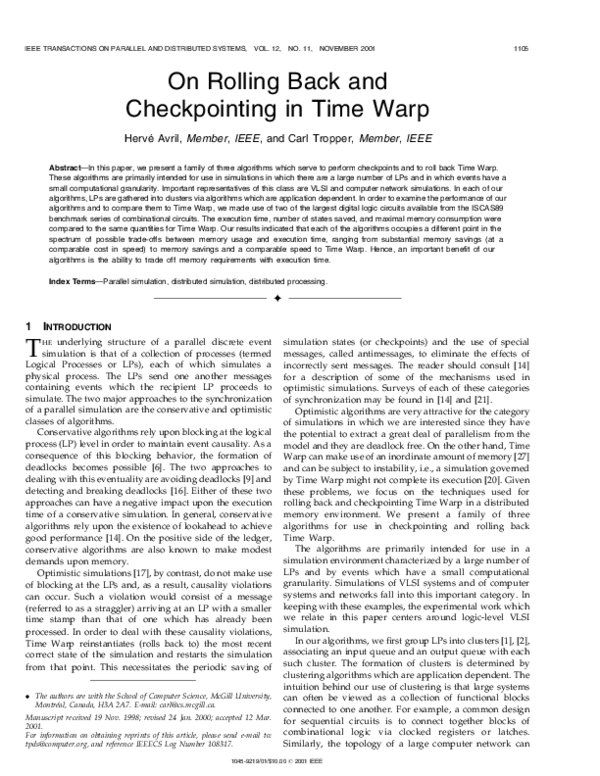 (PDF) On rolling back and checkpointing in time warp