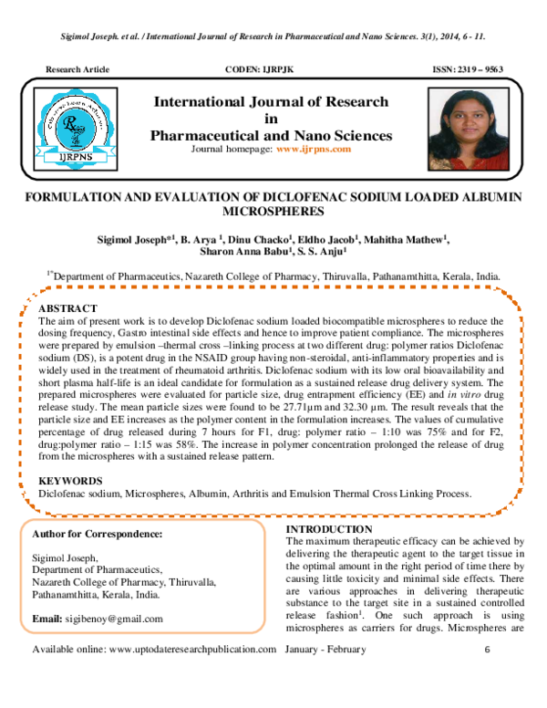 Pdf Formulation And Evaluation Of Diclofenac Sodium Loa Ded Albumin Microspheres