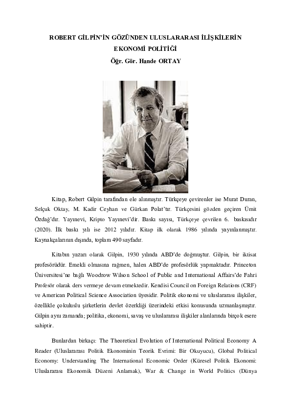 (PDF) ROBERT GİLPİN'İN GÖZÜNDEN UA İLİŞKİLERİN EKONOMİ POLİTİĞİ
