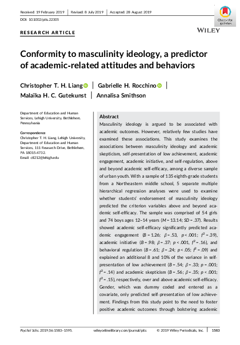 (PDF) Conformity to masculinity ideology, a predictor of academic‐related attitudes and behaviors