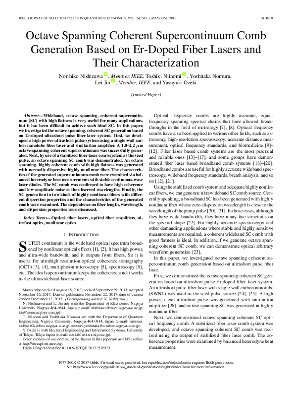(PDF) Octave Spanning Coherent Supercontinuum Comb Generation Based on ...