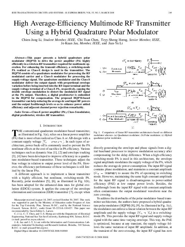 (PDF) High Average-Efficiency Multimode RF Transmitter Using a Hybrid Quadrature Polar Modulator