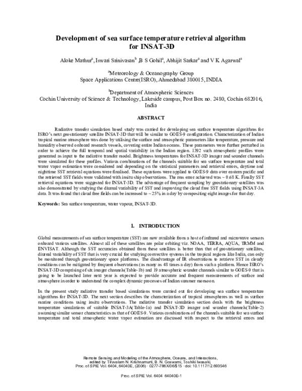 (PDF) Development of sea surface temperature retrieval algorithm for INSAT-3D